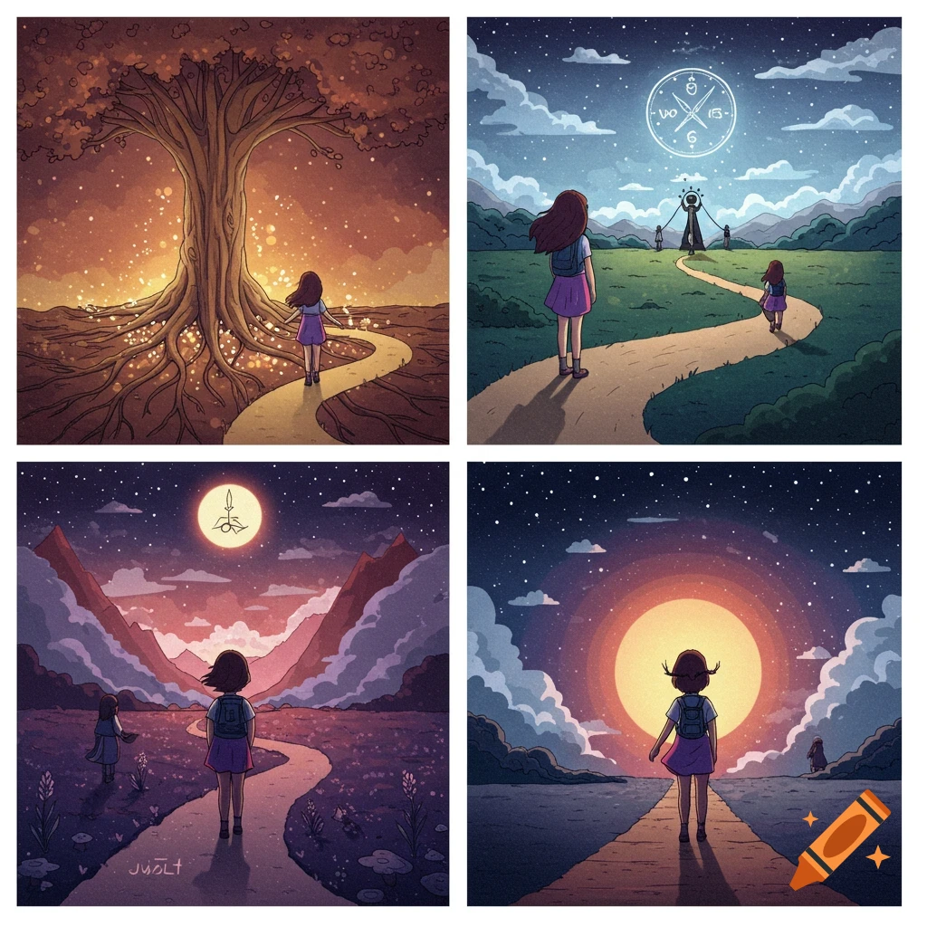 Four panels show a person walking on paths in symbolic landscapes ...