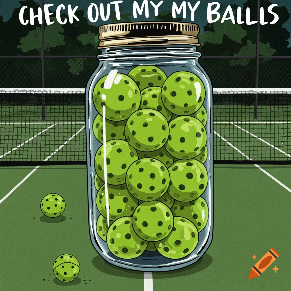 Pickle jar filled with green pickleballs on a pickleball court with ...