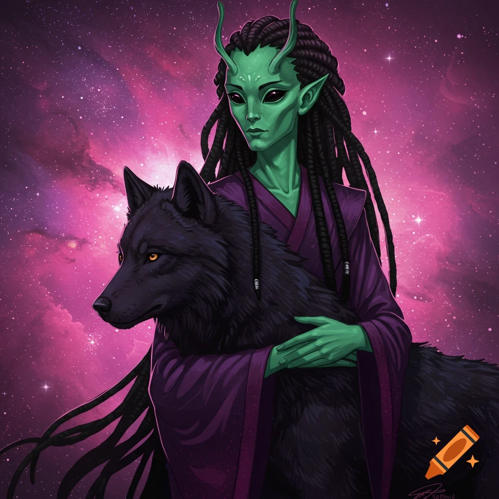 Green-skinned alien with long hair and a wolf companion on Craiyon