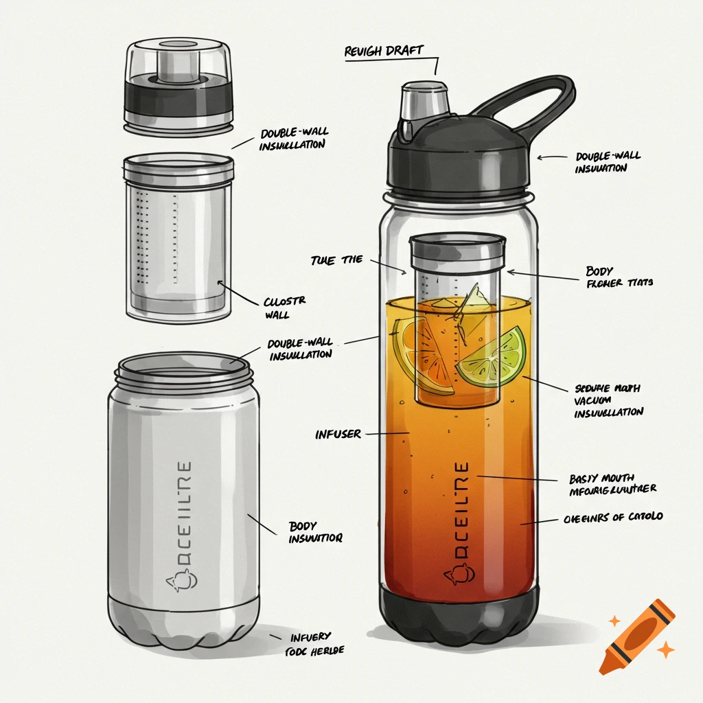 Technical illustration of a double-wall vacuum-insulated water bottle ...