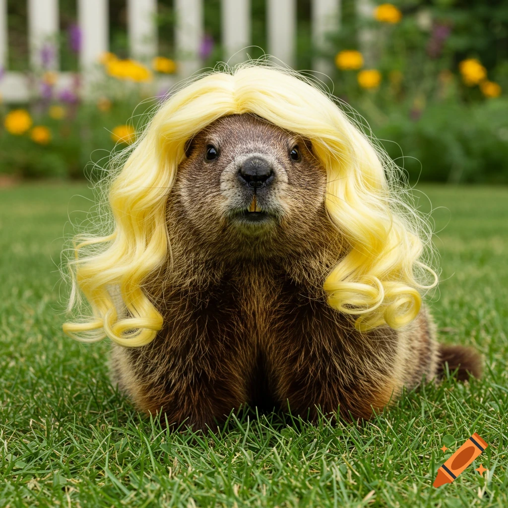 Groundhog wearing a blonde wig, photorealistic on Craiyon