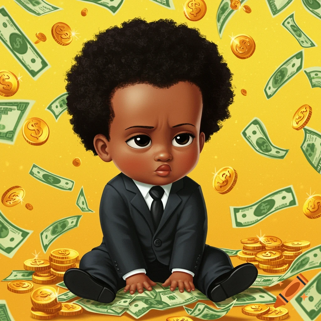 Black baby businessman with money raining down on Craiyon