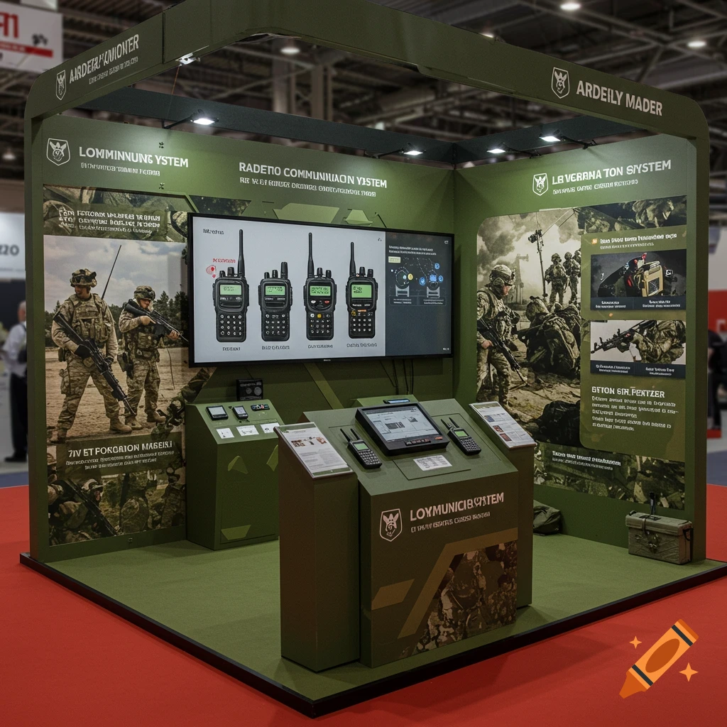 A military exhibition booth displaying communication radios on screens ...