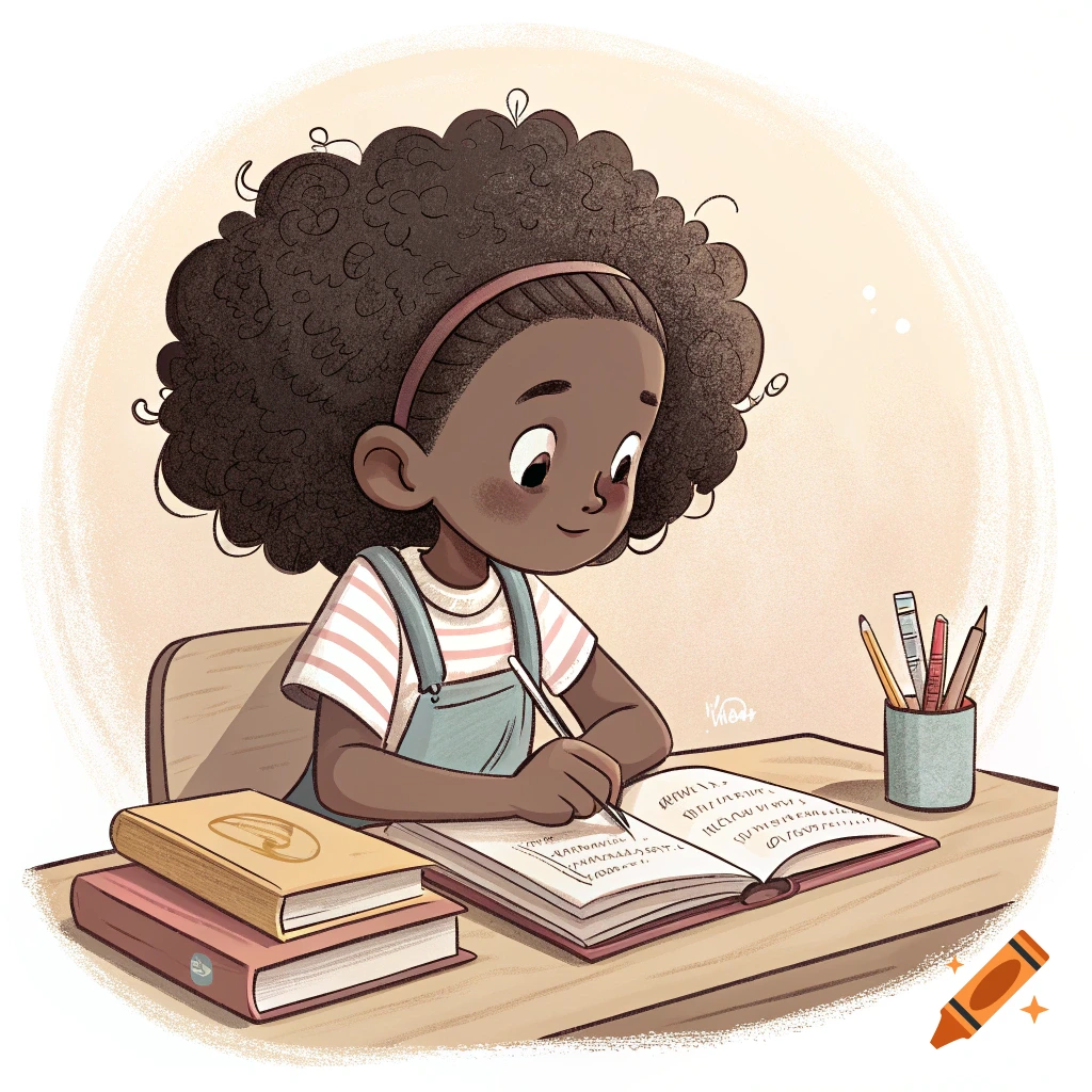 Illustration of a cute young black girl studying at a desk with books ...