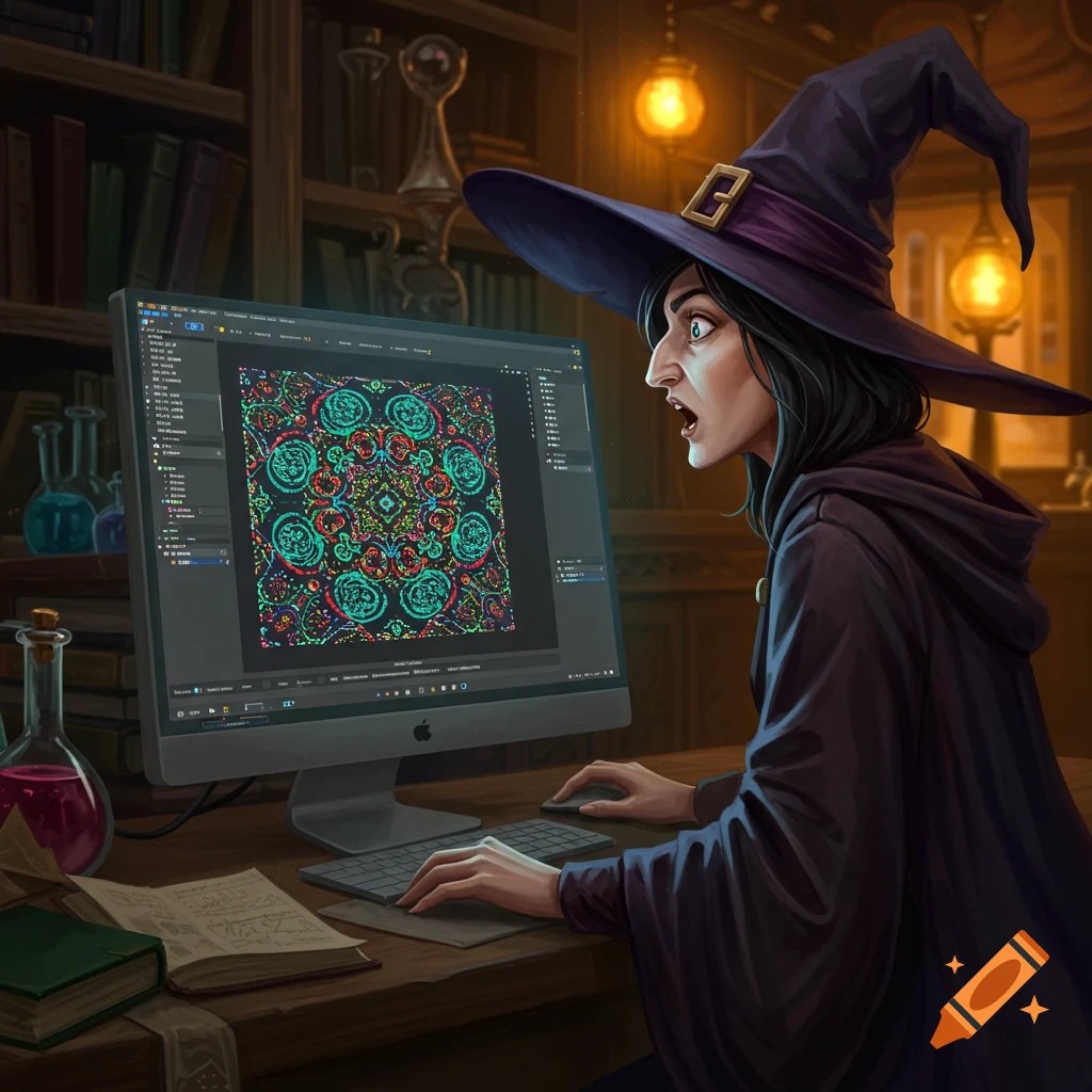 A witch character surprised by art on a screen instead of Scratch code ...