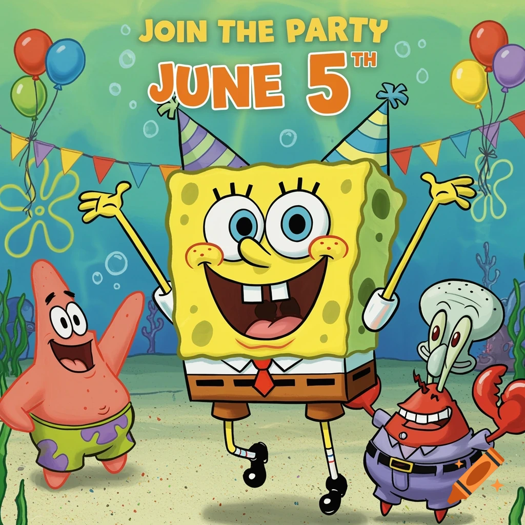 Spongebob, Patrick, and Squidward/Mr. Krabs celebrate a birthday with balloons and text Join the ...