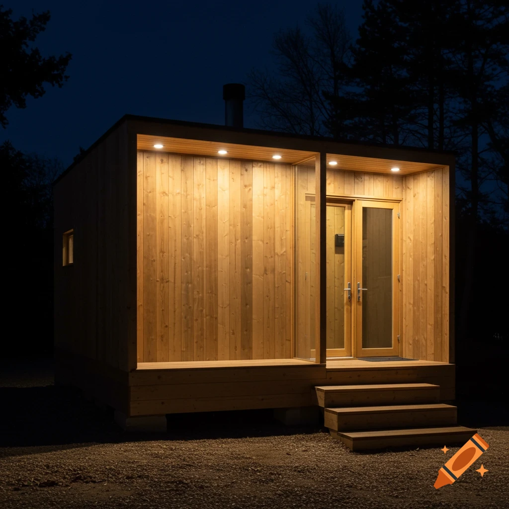 Small wooden cabin building with lit entrance and steps at night. on ...
