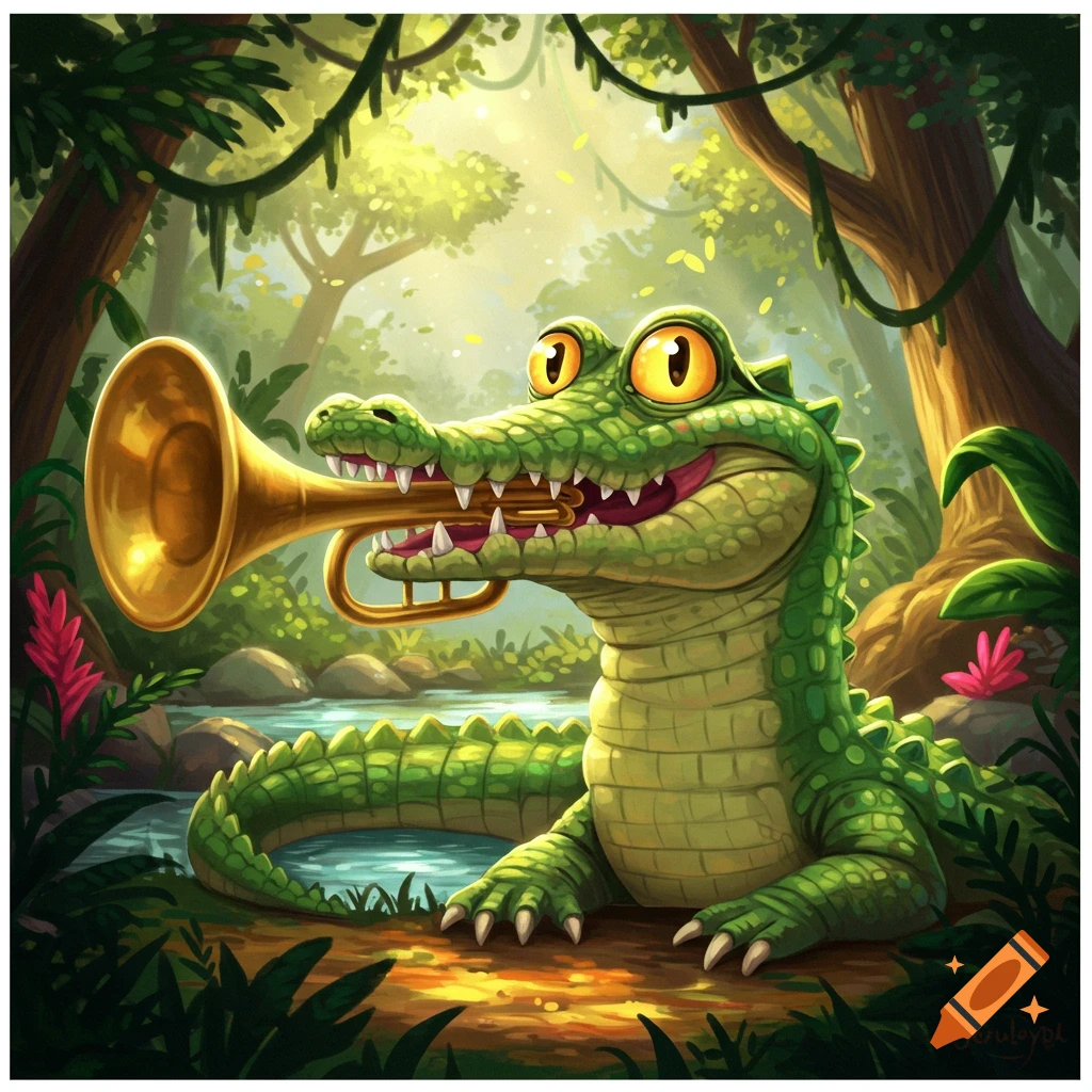 A digital painting of a crocodile carrying a large brass horn ...