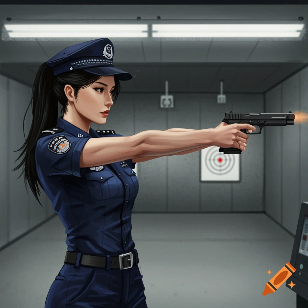 A policewoman practicing pistol shooting at an indoor range. on Craiyon