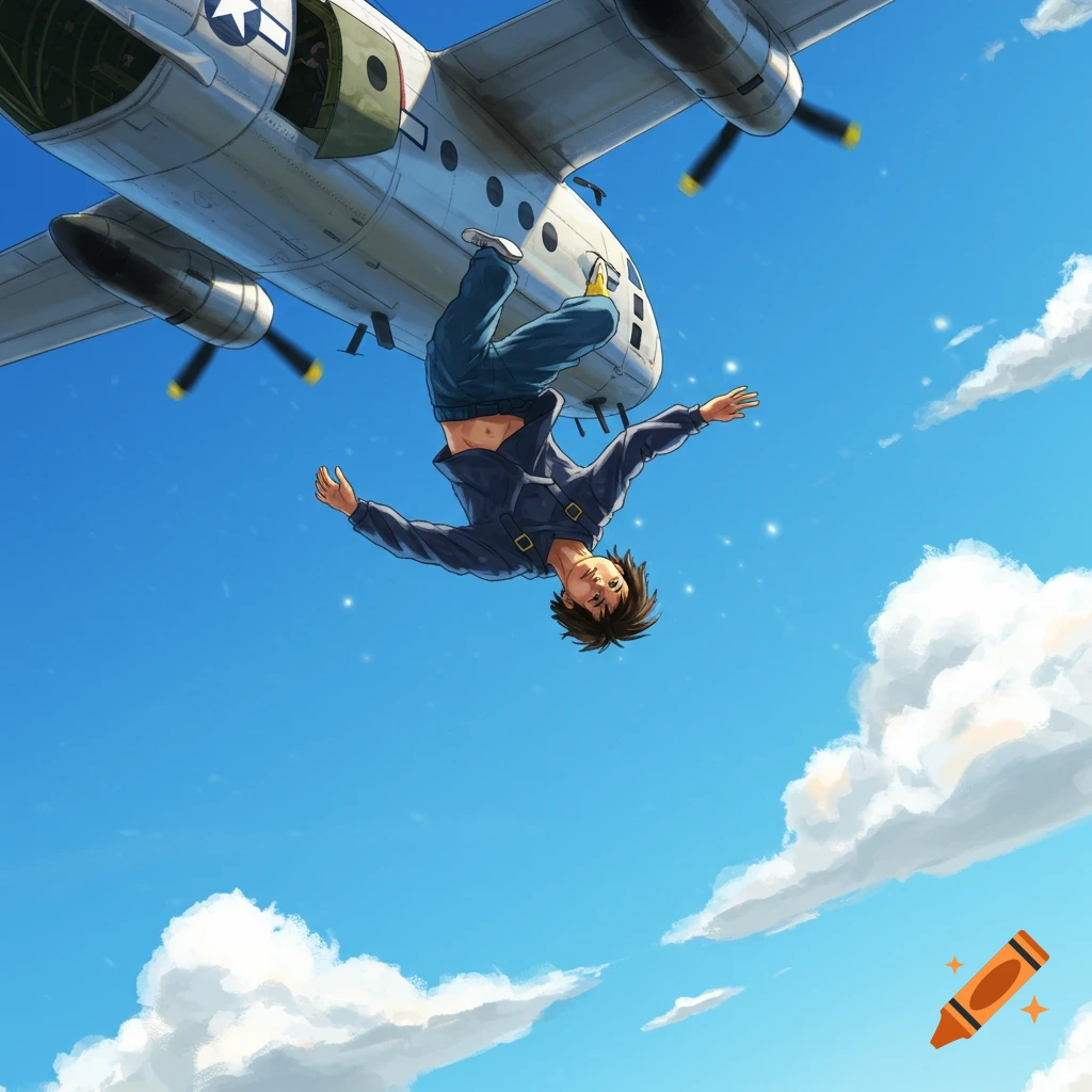 A person doing a backflip out of an airplane high in the sky. on Craiyon