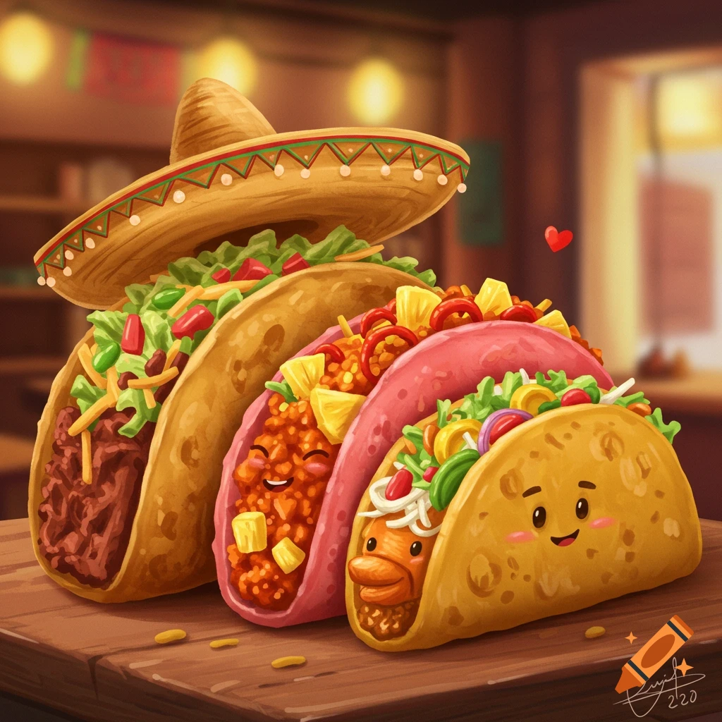 A cheerful cartoon taco wearing headphones with colorful music notes ...