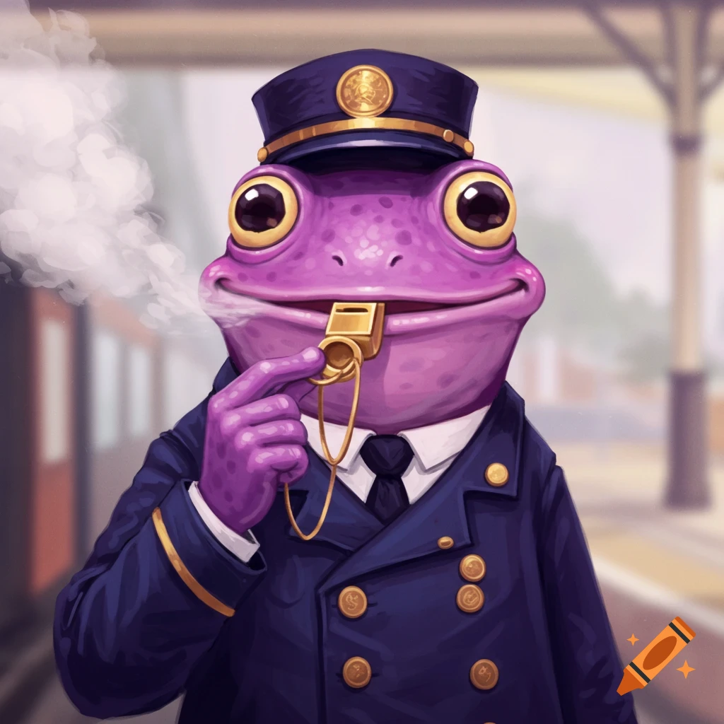 Purple frog-man with train conductor's hat blowing whistle on Craiyon