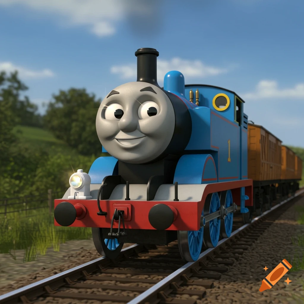 A colorful illustration of Thomas the Tank Engine on train tracks in a grassy landscape with ...