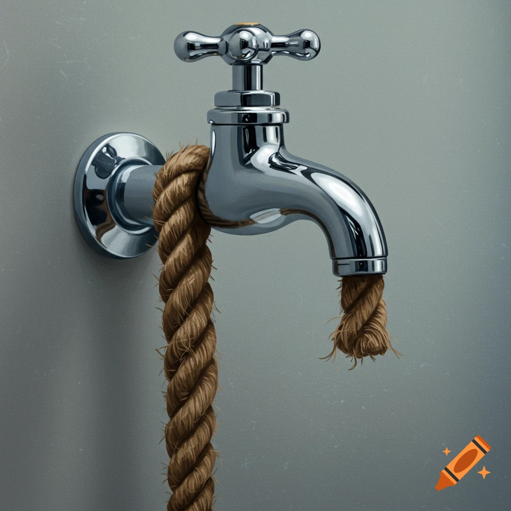 A chrome faucet with a thick rope hanging from it and coming out of the ...