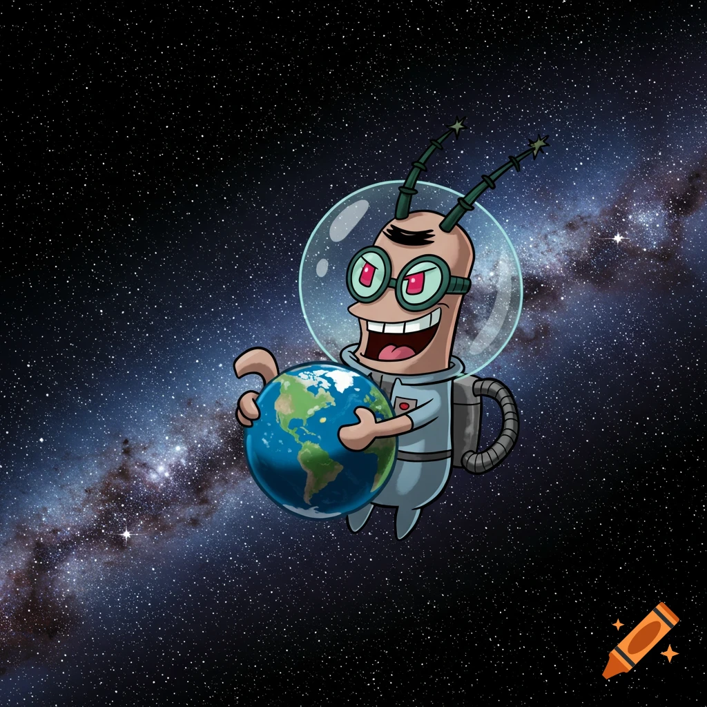Plankton from Spongebob Squarepants holding the world, plotting ...