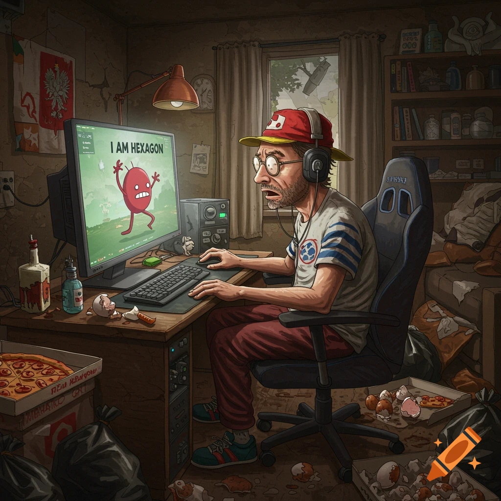 Lazy Polish gamer surrounded by garbage staring at a screen saying 'I ...