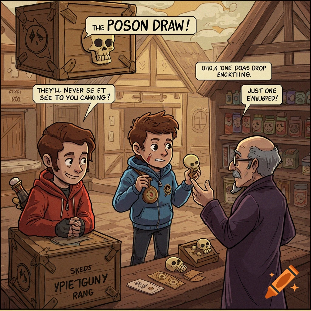 Friends buying poison from shopkeeper, comic style on Craiyon