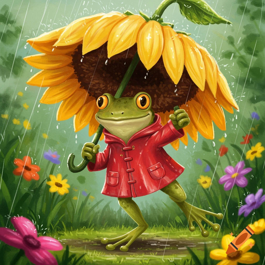 Children’s book illustration of a frog using a flower as an umbrella in ...