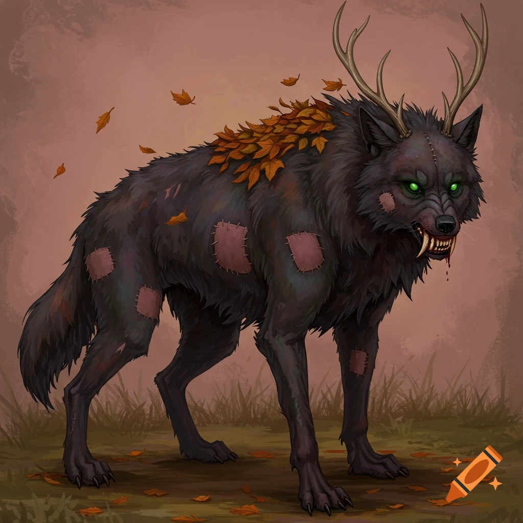 Patchwork wolf creature with antlers on Craiyon