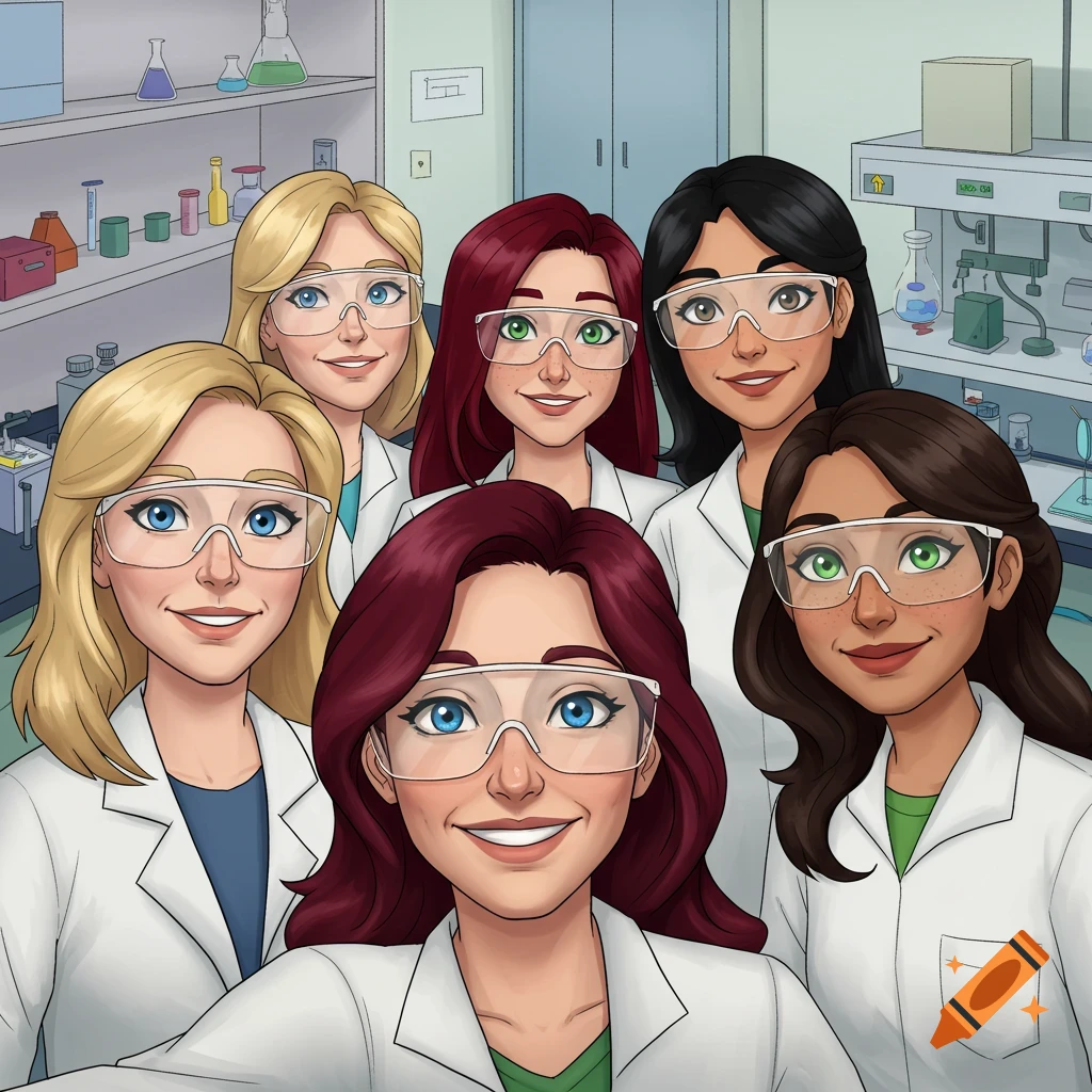 Scooby-Doo style cartoon illustration of five women in a microbiology ...