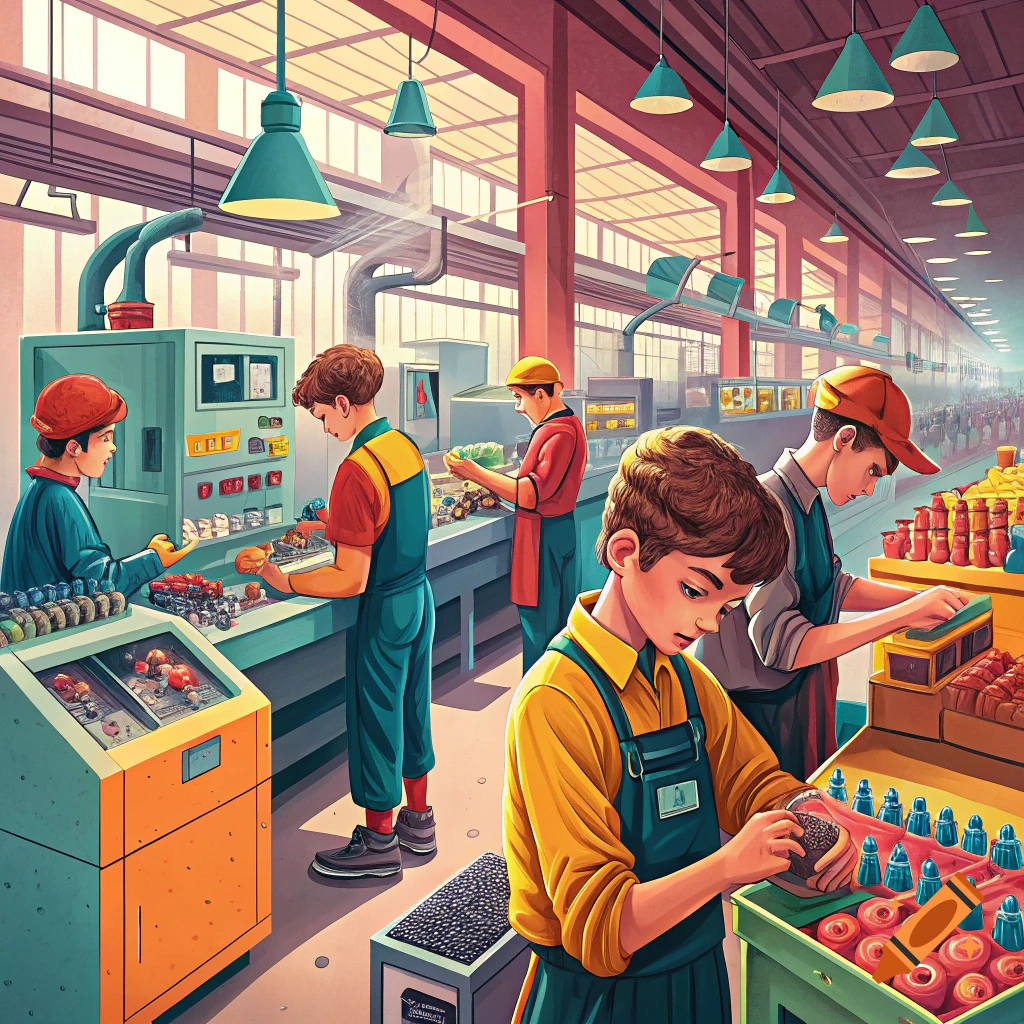 Young people work on an assembly line in a busy, stylized factory. on ...