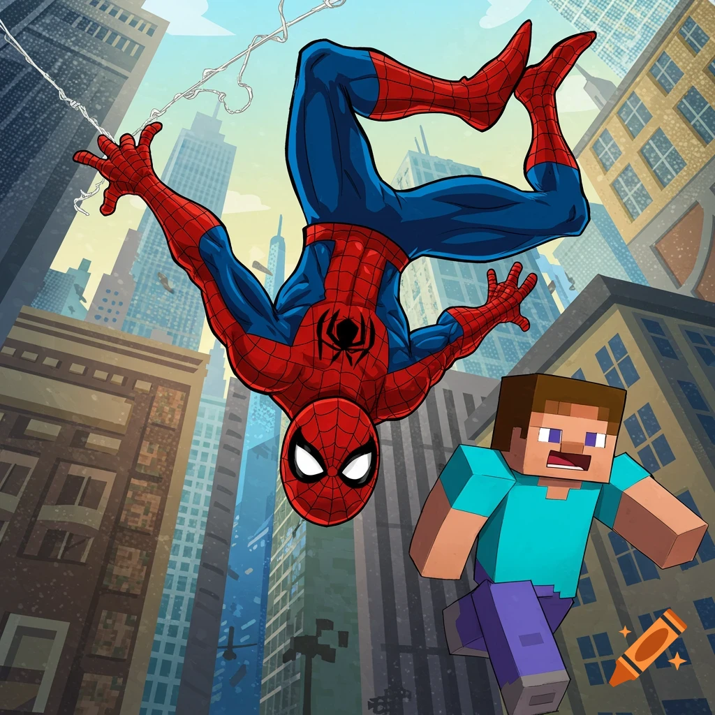 Spiderman swinging upside down, Steve from Minecraft chasing him on Craiyon