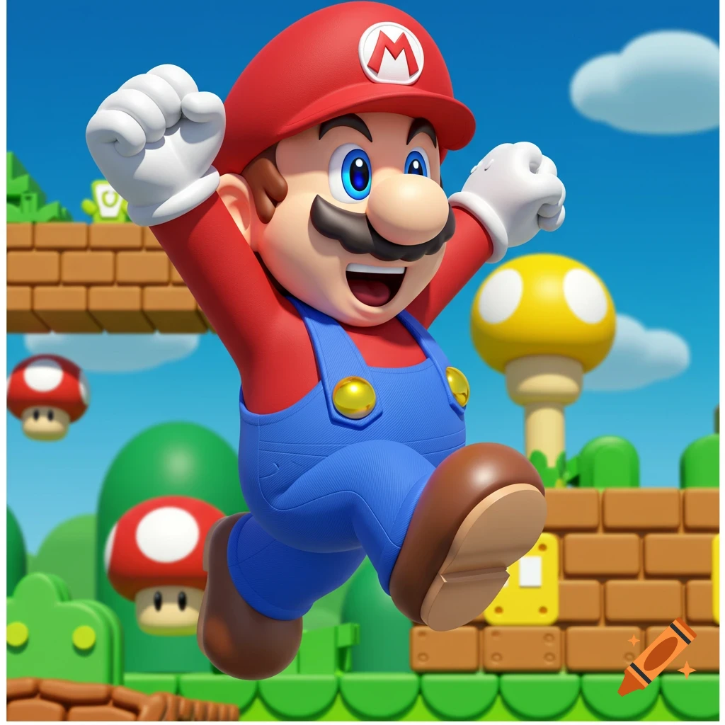 Super Mario jumps in a bright, cartoon-style game world with classic ...