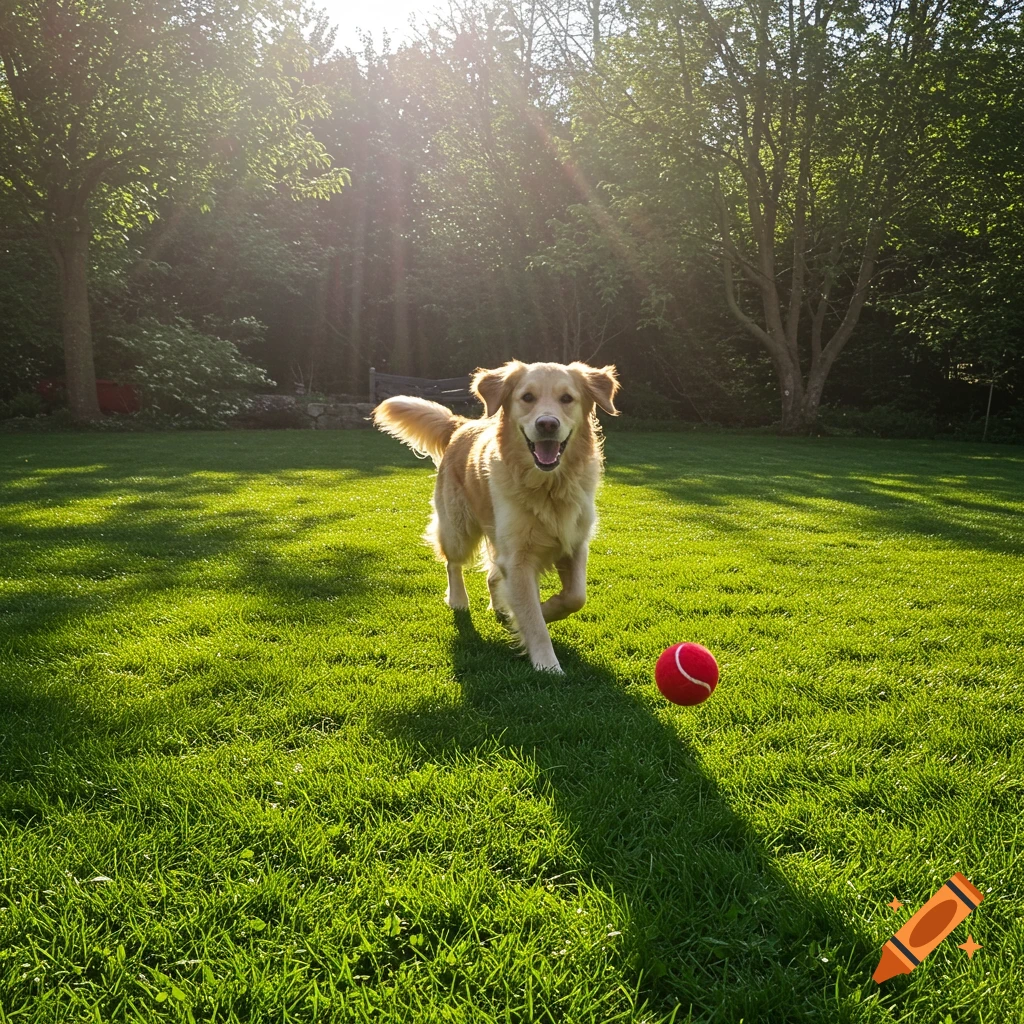 Golden retriever chasing a ball on a lawn on Craiyon