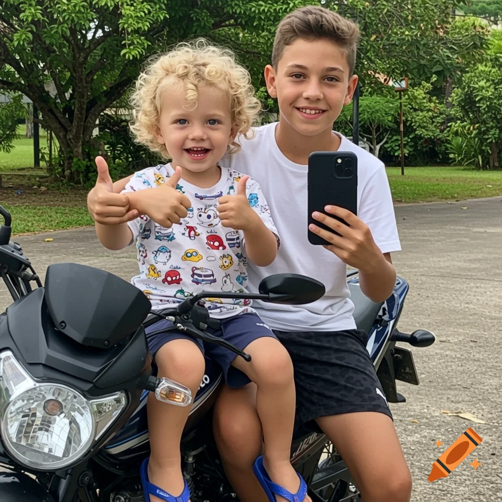 Brazilian toddler on motorcycle with older brother using iPhone on Craiyon