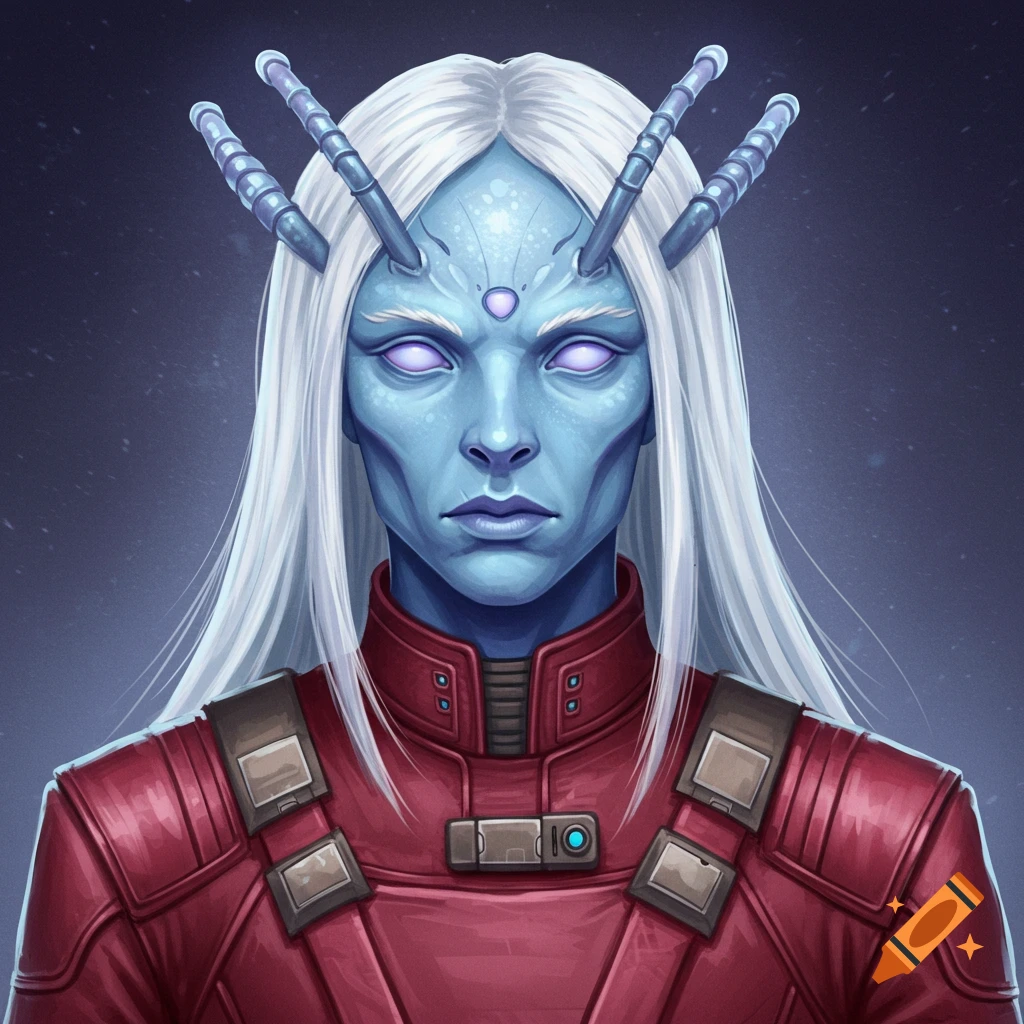 Light blue alien with white and icy blue hair in a red leather uniform on Craiyon