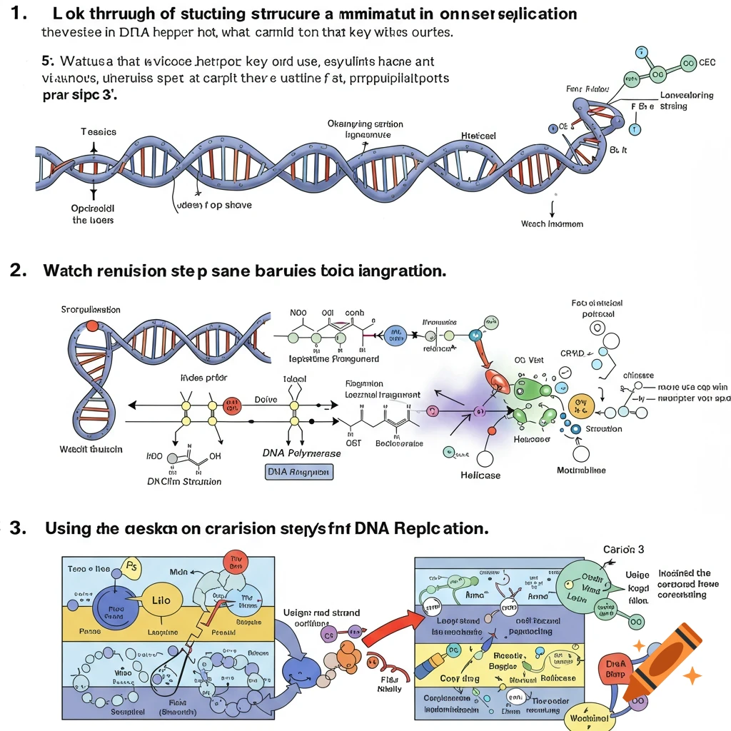 Cartoon depicting DNA replication steps. on Craiyon