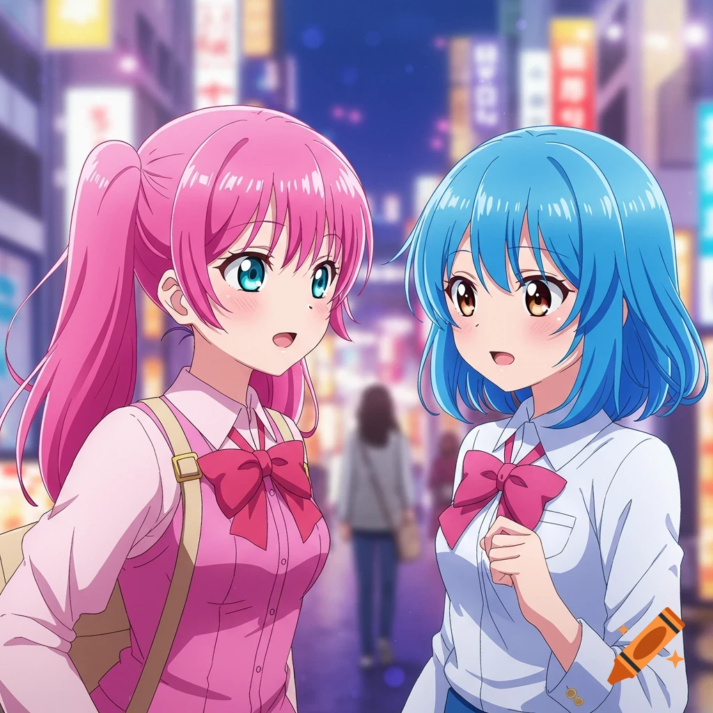 Two anime girls talking on a city street at night on Craiyon