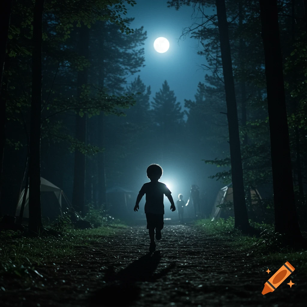 Boy running through forest at night, horror movie scene on Craiyon