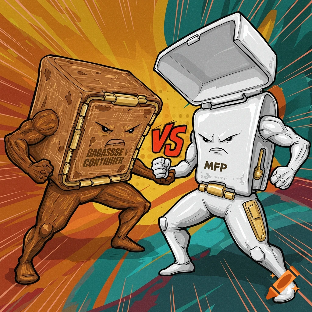 A brown bagasse container character fighting a white plastic container ...