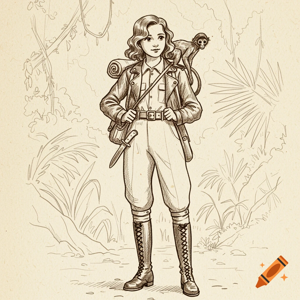 Sepia line drawing of a girl explorer with a spider monkey on Craiyon