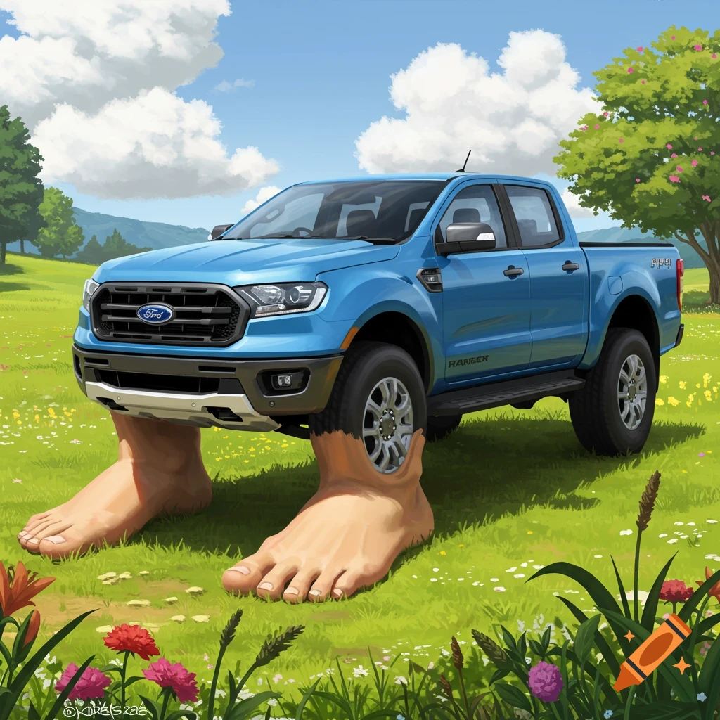 A blue Ford Ranger truck standing on giant human feet in a grassy field ...
