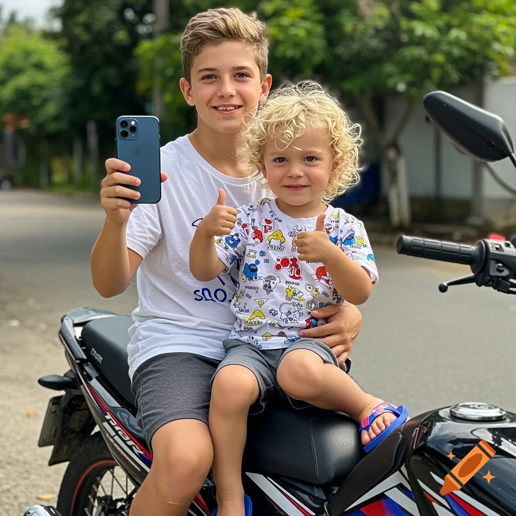 Brazilian toddler on motorcycle with older brother using iPhone on Craiyon