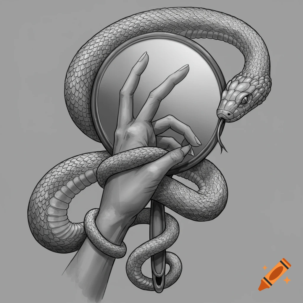 Grayscale drawing of hand holding mirror with serpent on Craiyon