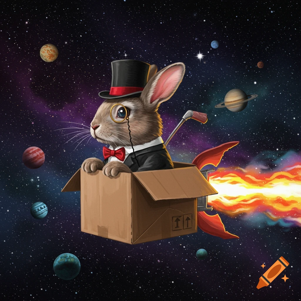 Rabbit in rocket cardboard box with rainbows and stars flying through ...