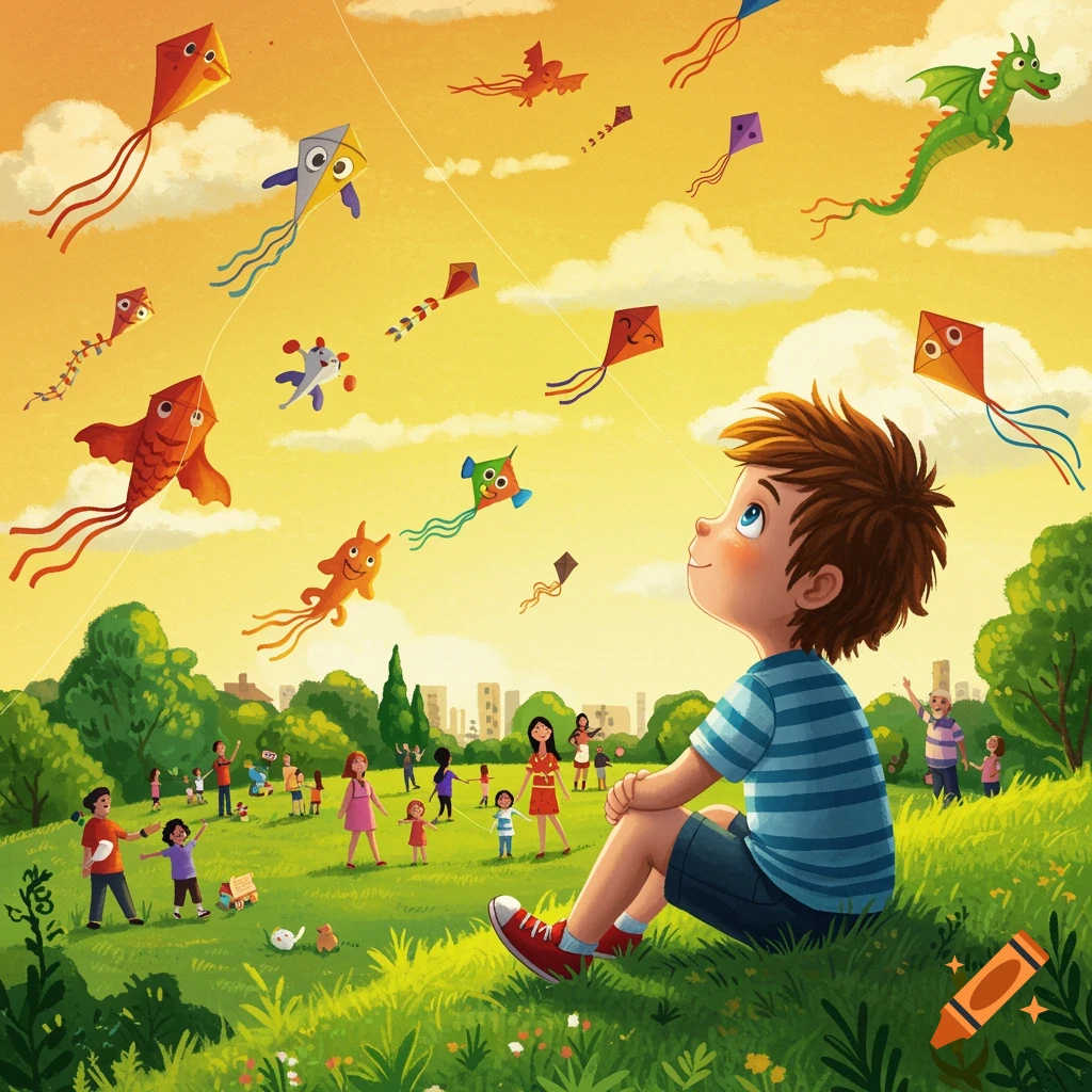 Boy flying kite on grassy hill overlooking park with kites in the sky ...