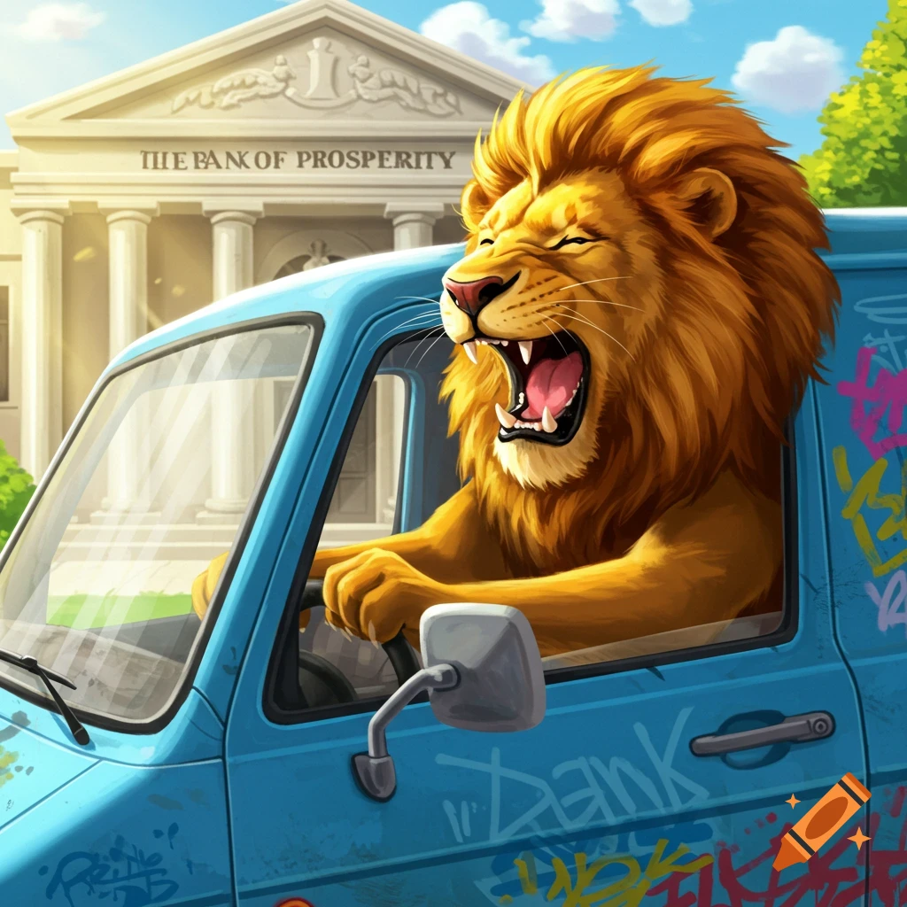 Lion driving a van and laughing on Craiyon