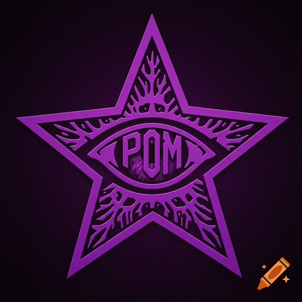 A purple star logo with an eye containing the letters POM on Craiyon
