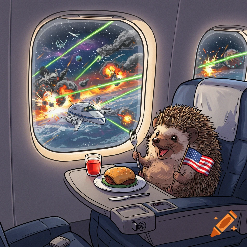 Patriotic hedgehog eating food on vacation during alien war. on Craiyon