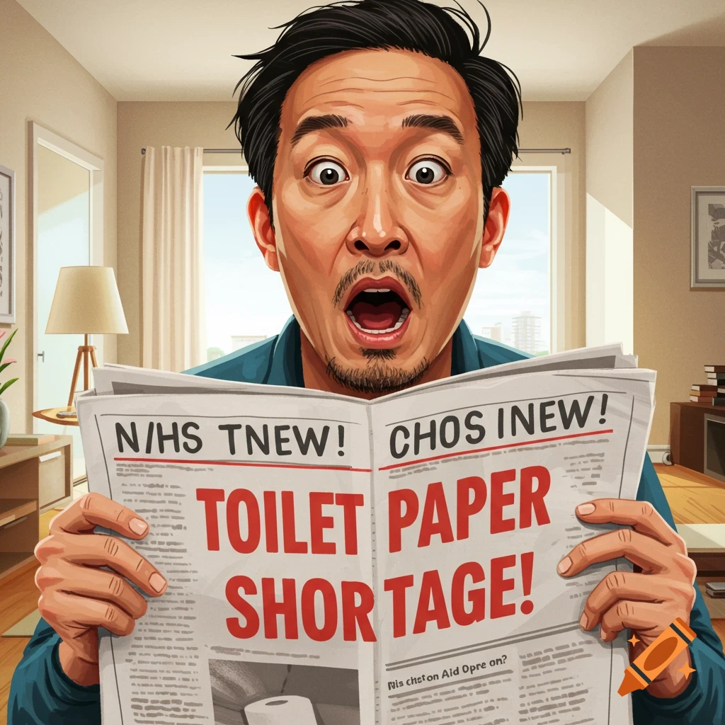 A man looks shocked while reading a newspaper about a toilet paper shortage. on Craiyon