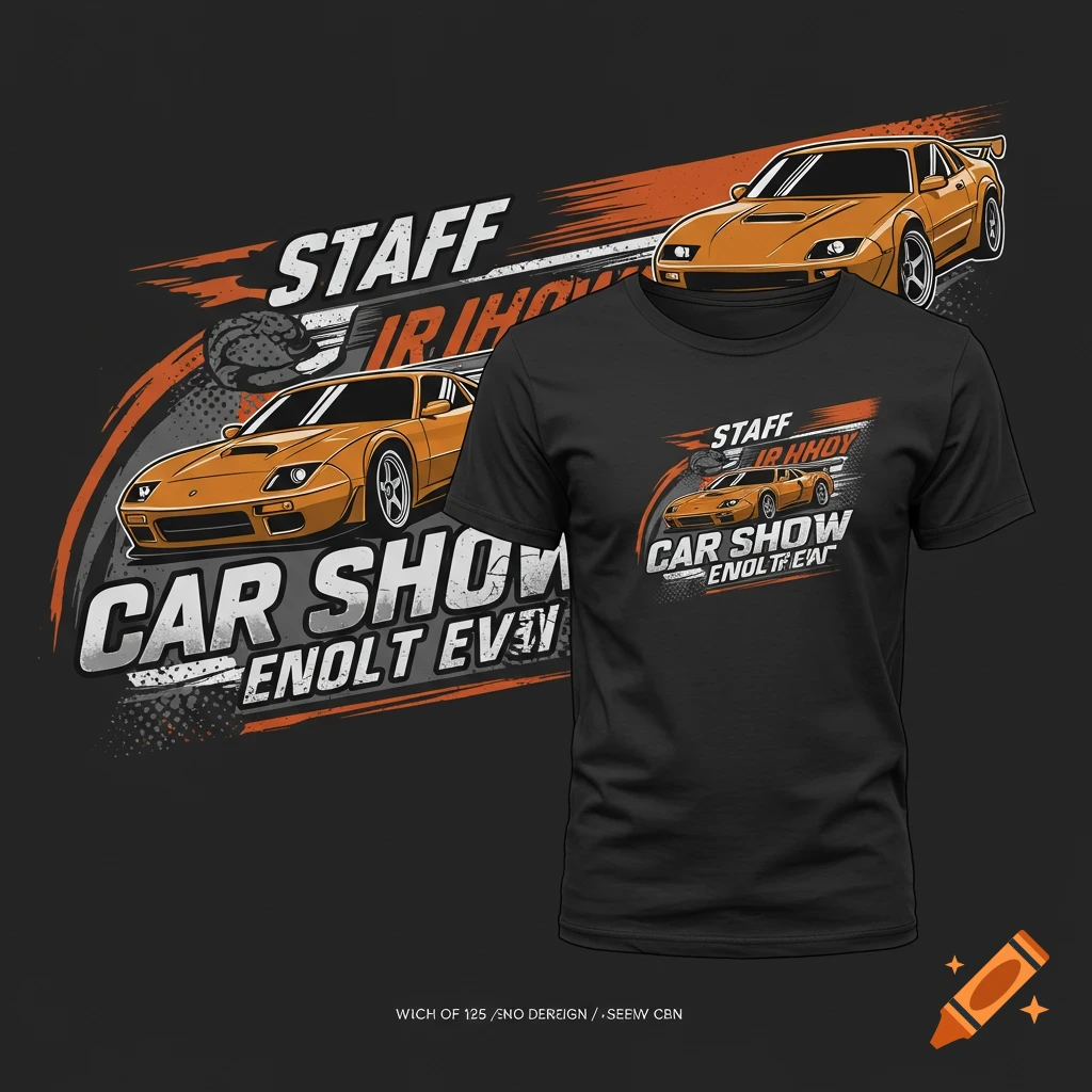 Car show staff T-shirt design with racing and sports car imagery on Craiyon