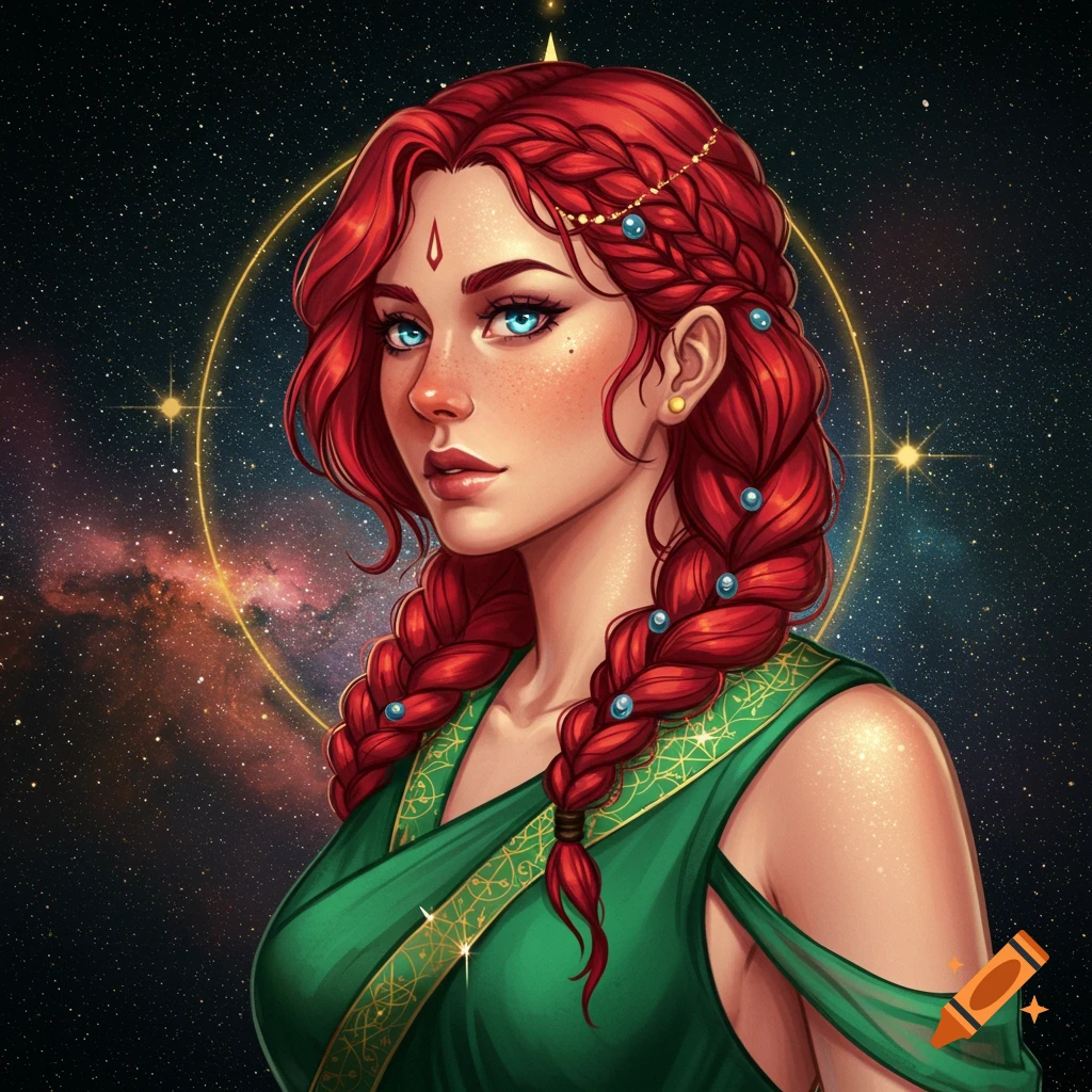 A fantasy portrait of a woman with red hair, blue eyes, and a jewel on her forehead. on Craiyon