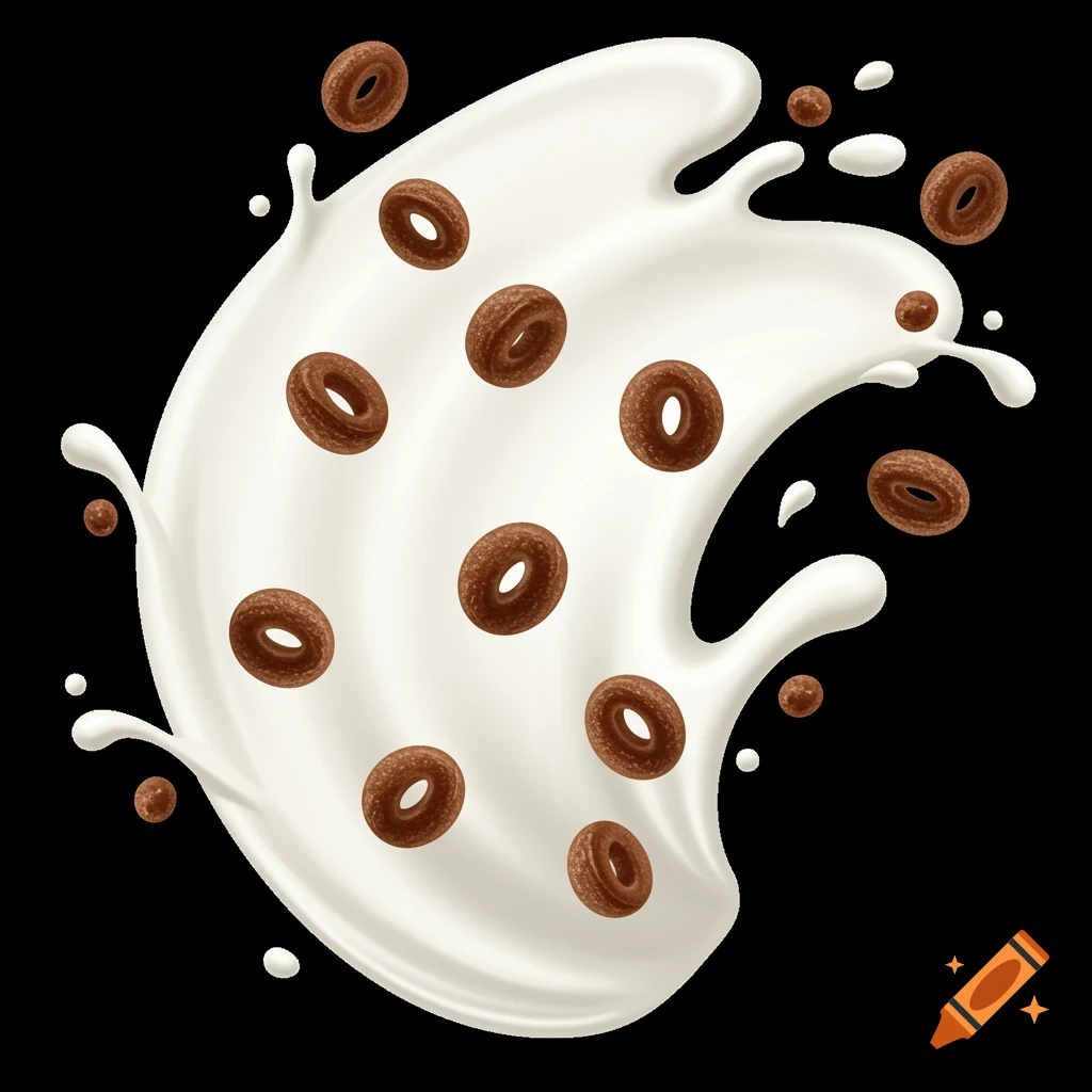 Cartoon puddle of milk flying with chocolate cereal pieces on Craiyon