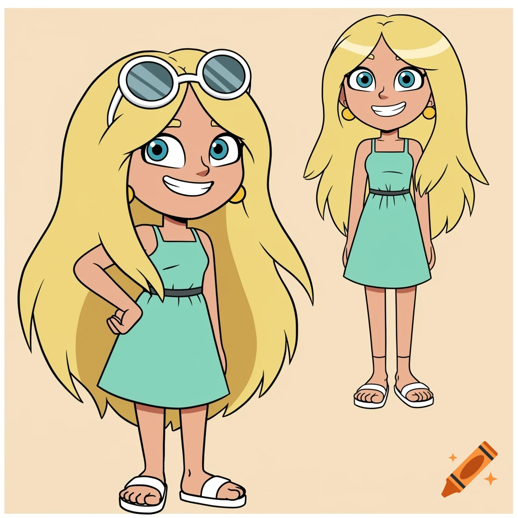 Cheerful cartoon teenage girl with blonde hair in a mint green dress ...