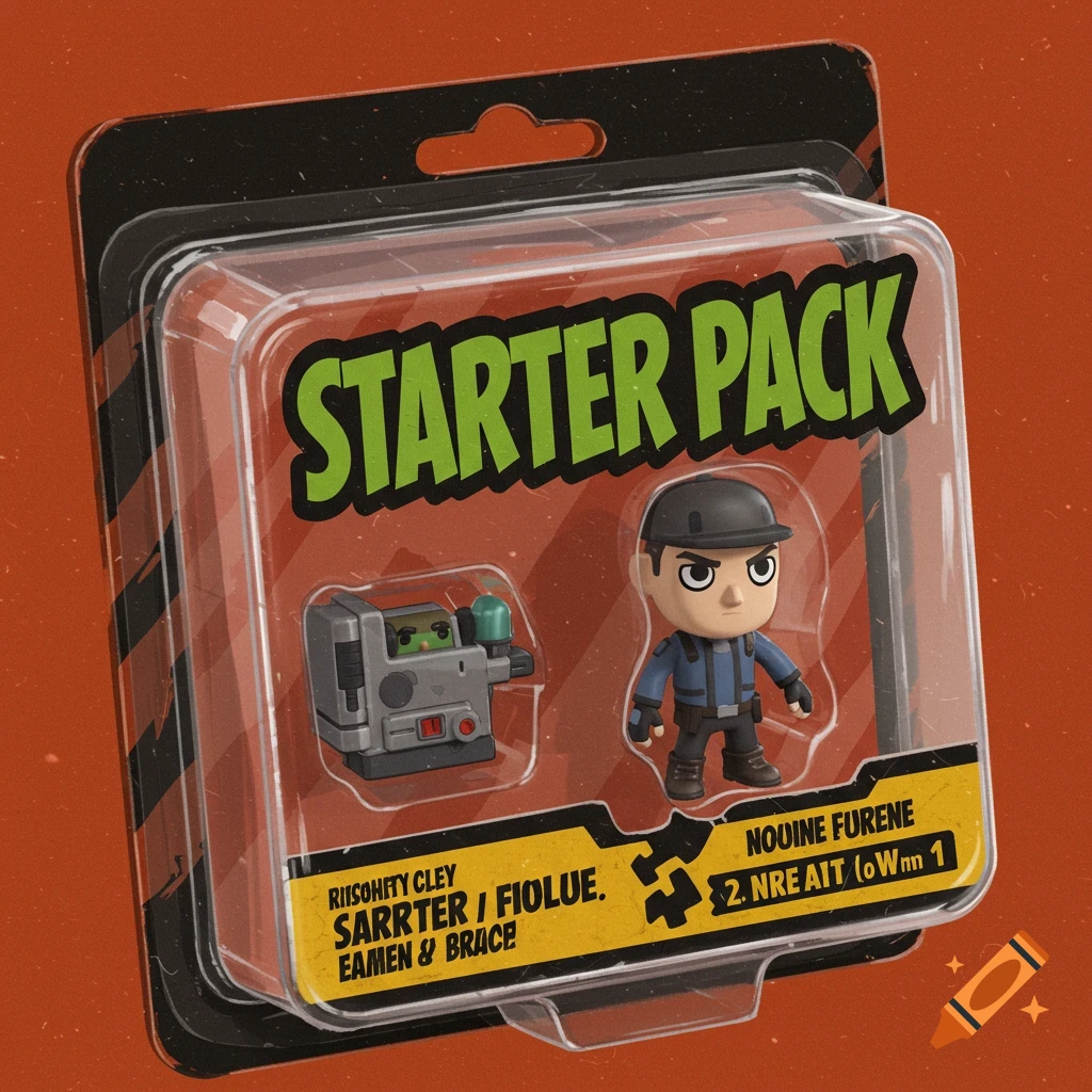 Starter Pack stylized 3D cartoon figurine in packaging on Craiyon