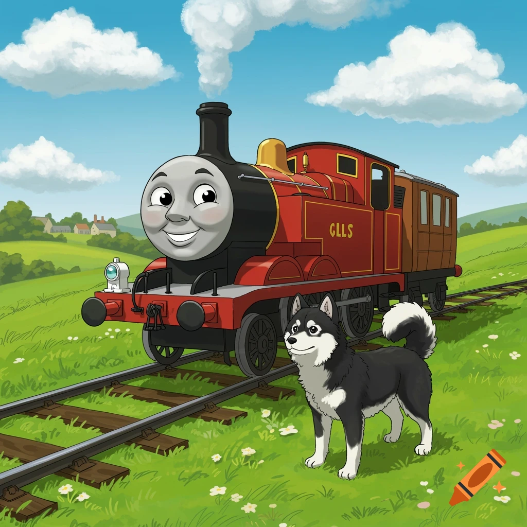 William the train engine with a black dog named Milo on Craiyon